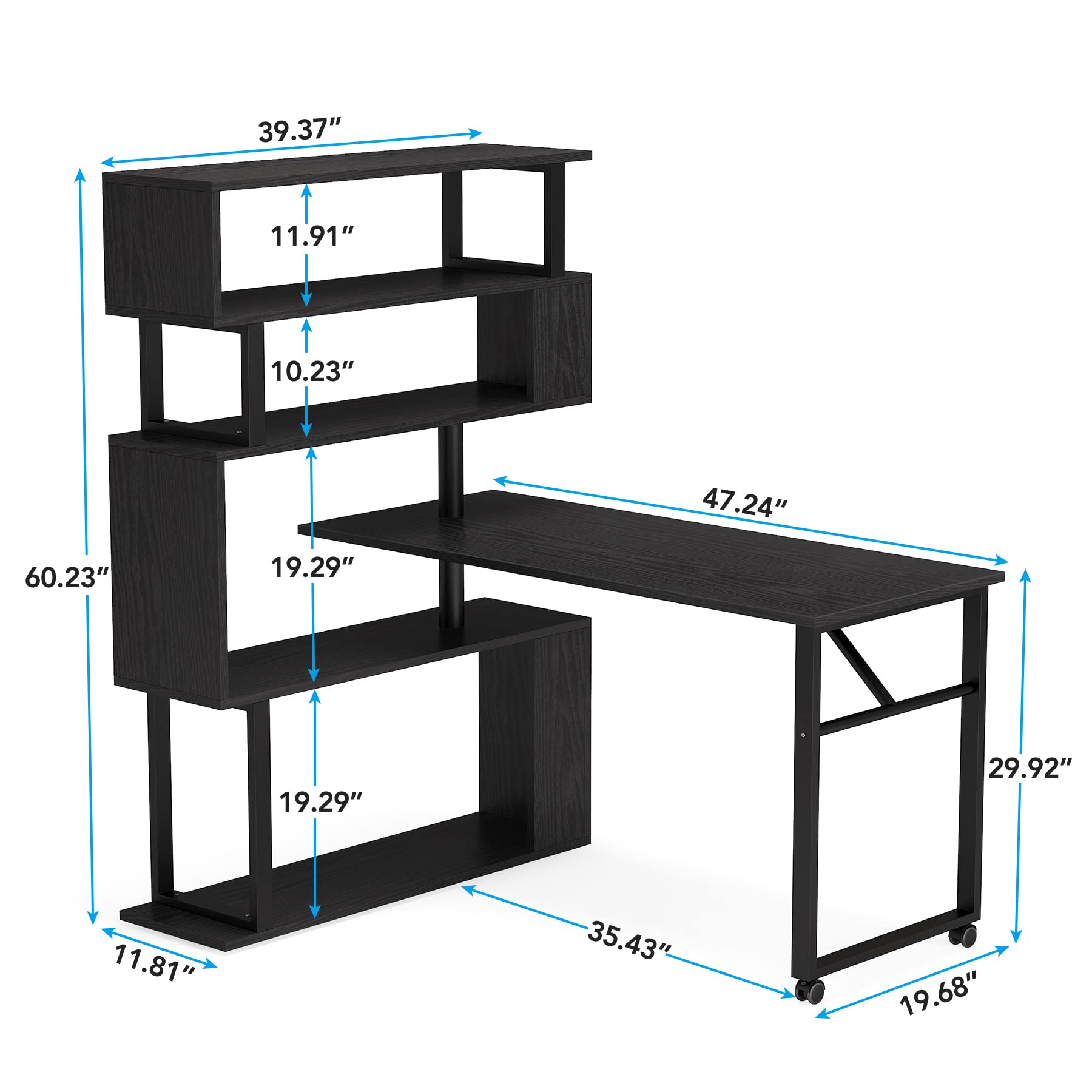 Tribesigns Rotating Computer Desk with 5 Shelves Bookshelf, Modern L-Shaped Corner Desk with Storage, Reversible Office Desk Study Table Writing Desk with Wheels for Home Office (Matte Black)