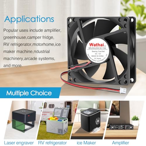 Wathai 80mm x 25mm 12 Volt Fans DC Brushless Cooling Fan 12V Dual Ball 2Pin for DIY Small Project Cooler 2 Pack