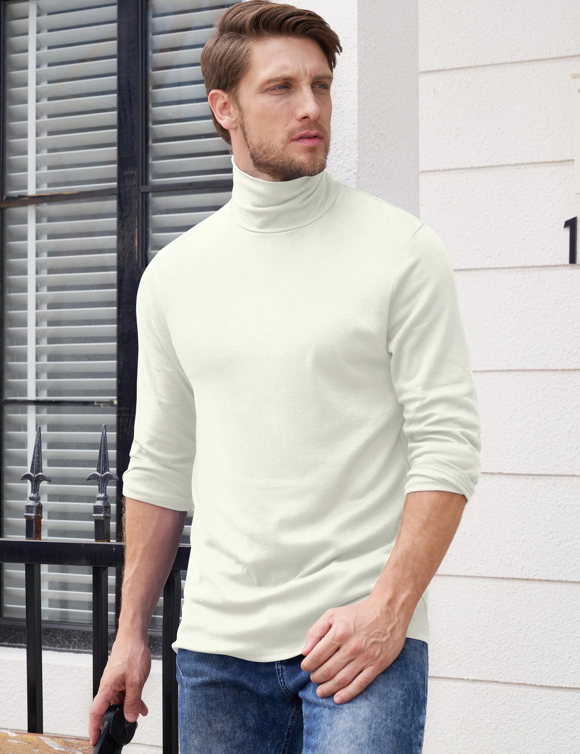 TAPULCO Men's Long Sleeve Knitted Textured Fashion White Slim Fit Thin Lightweight Turtle-Neck T-Shirt Casual Stylish Ski Jumpers Solid Turtleneck Ivory X-Large