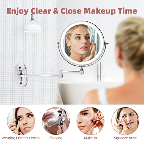 Wall Mounted Lighted Makeup Mirror, 1X 10X Magnifying Mirror with Light 3 Color Dimmable, 8'' Double Sided LED Light up Bathroom Vanity Mirror with Magnification, 360° Extendable Arm Shaving Mirror
