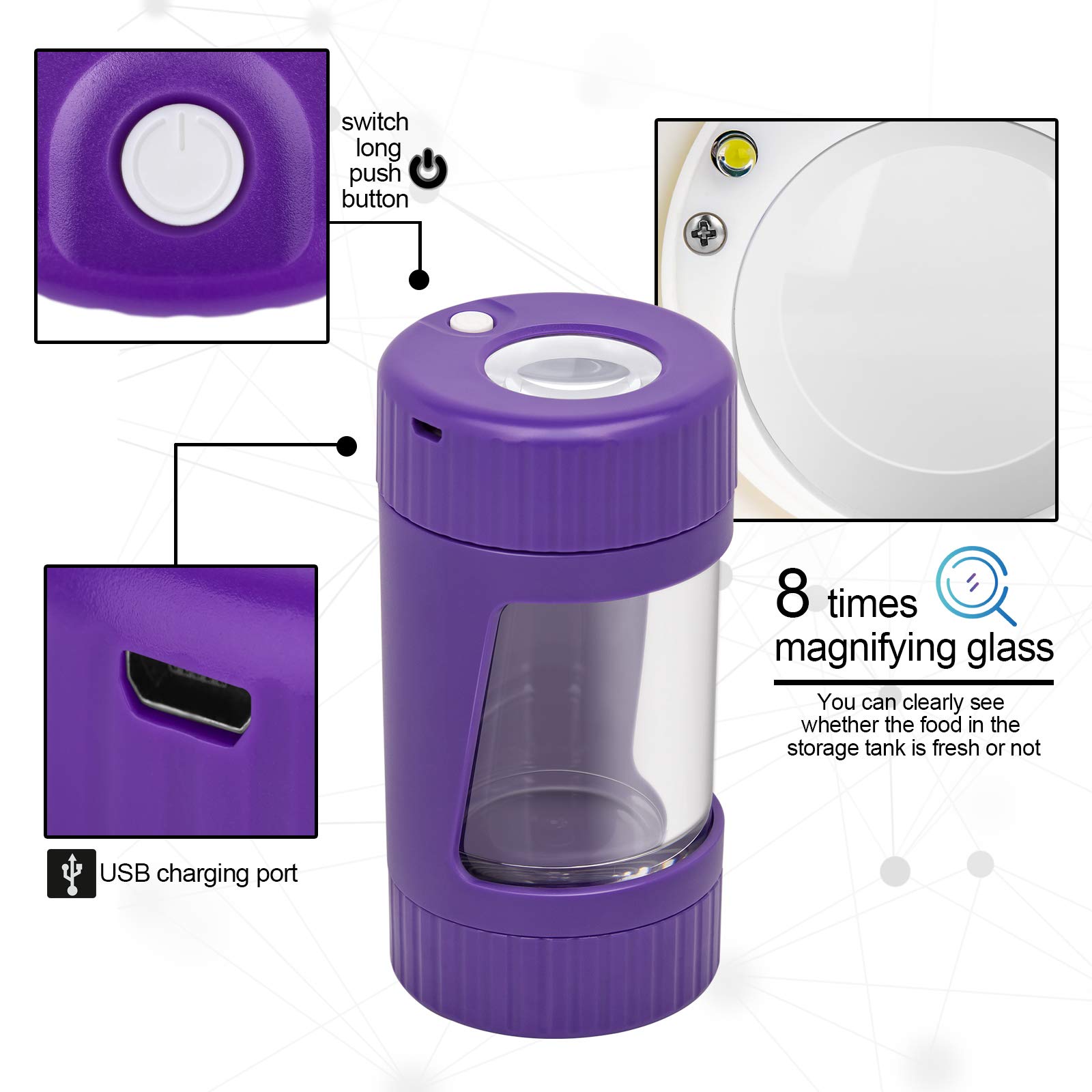 Stash Jar Light-Up LED Glass Air Tight Storage Jars Smell Proof Jar 8 Times Magnifying Viewing Jar,Glow Jar with Grinder,Portable Herb Container 110ml,Keep Foods Dry and Fresh (Purple, No Grinder)