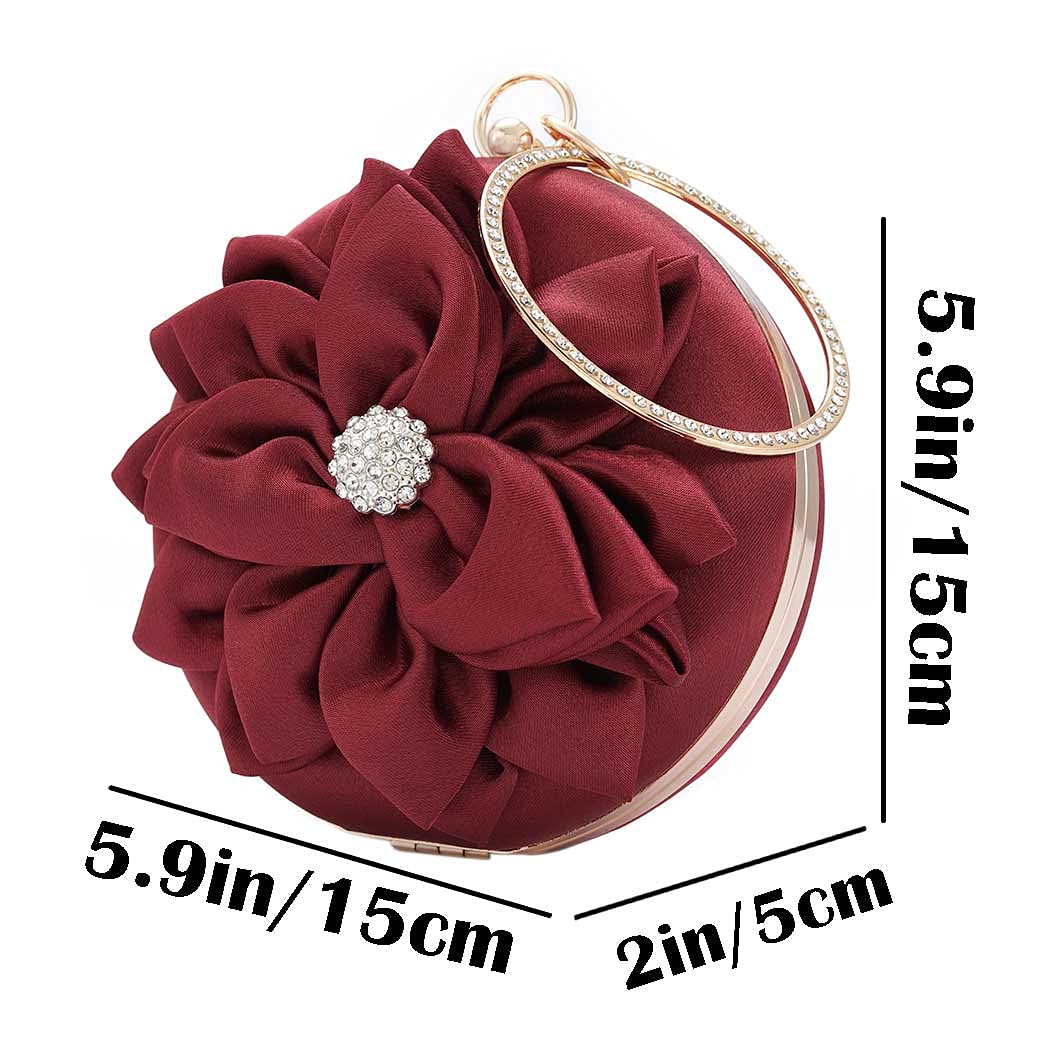 Yokawe Women Evening Bag Satin Flower Clutch Purse Wedding Party Prom Handbag (Wine red)
