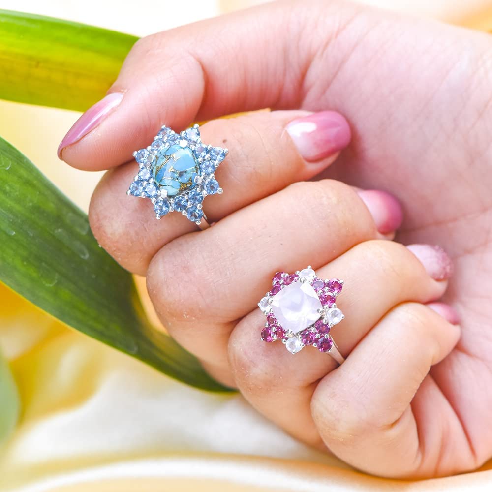 YoTreasure 5.40 ct. t.w. Blue Copper Turquoise 925 Sterling Silver Flower Cluster Ring Jewelry