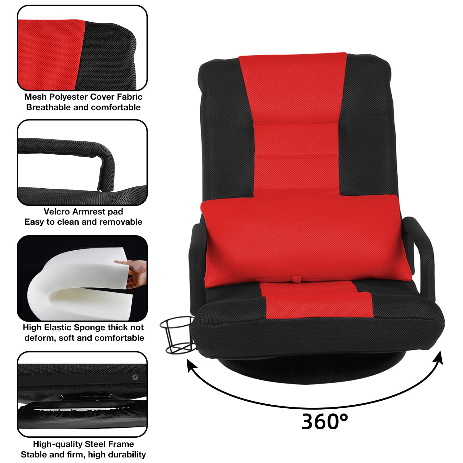 STHOUYN 360-Degree Swivel Gaming Recliner Floor Chair Video Game Chair Armrest, Comfy 6-Position Foldable Adjustable Backrest Red and Black (Red)
