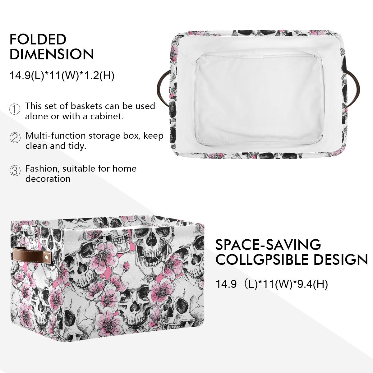Skull and Cherry Blossoms Dog Toy Baskets Canvas Collapsible Box Chest Organizer for Laundry Hamper Toy Bins Gift Baskets Bedroom Clothes Baby