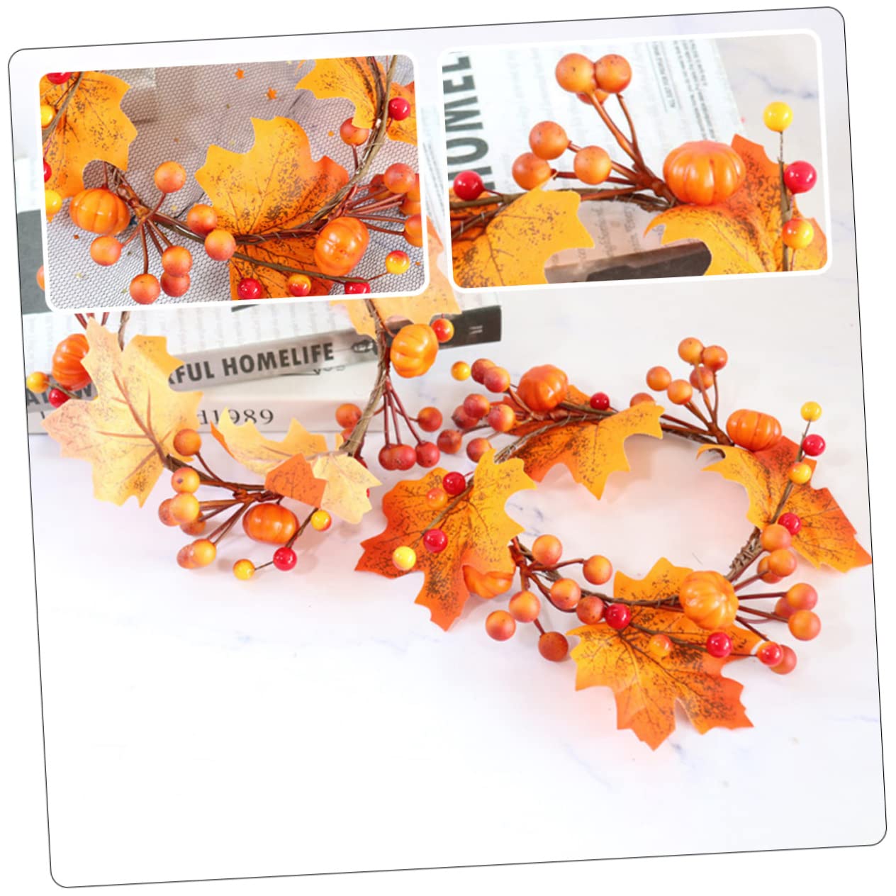 VOSAREA Maple Pumpkin Wreath Mini Autumn Wreath Farmhouse Fall Garland Halloween Party Wreath Decorative Hanging Wreath Pumpkin Candle Ring Mini Maple Leaf Front Door Iron Wire Ornaments