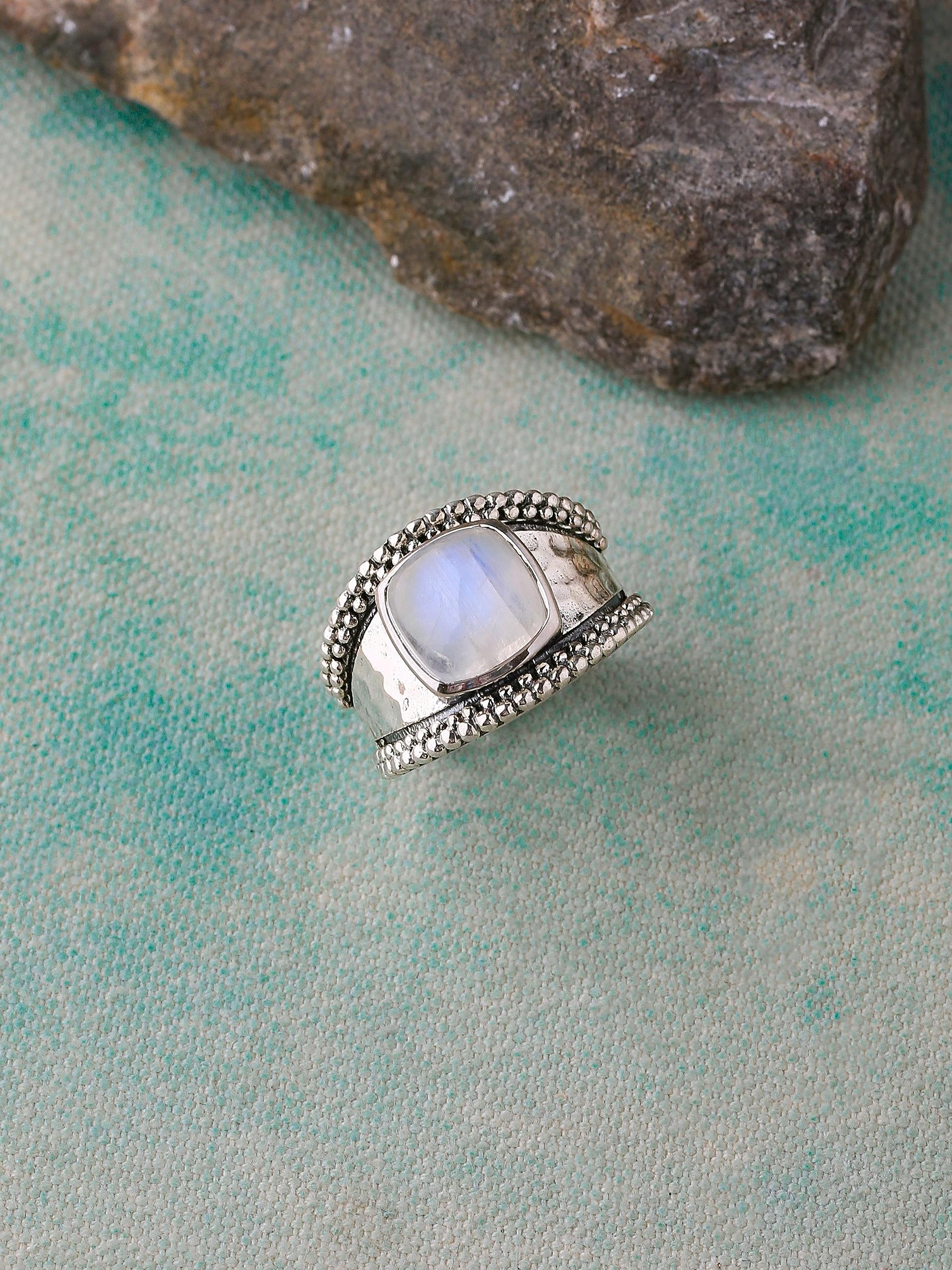 YoTreasure Natural Larimar Solid 925 Sterling Silver Hammered Wide Band Boho Ring