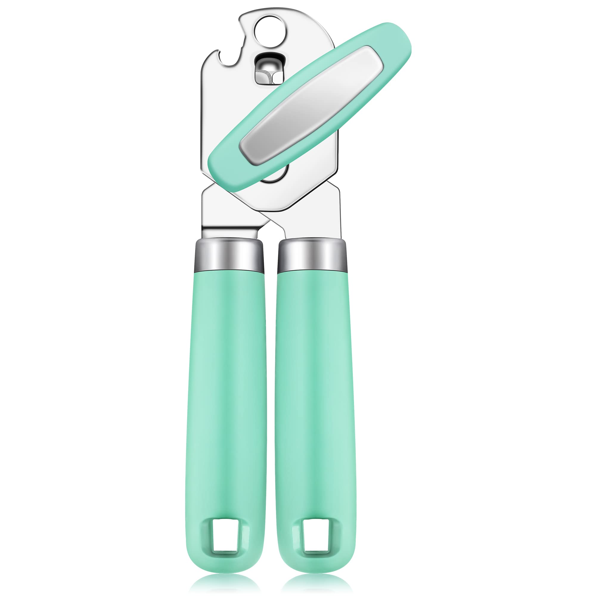 Rainspire Can Opener Manual Handheld Strong Manual Can Opener Smooth Edge Cut, Can Opener Heavy Duty, Comfortable Soft Handle, Built-in Bottle Opener, Mint Green