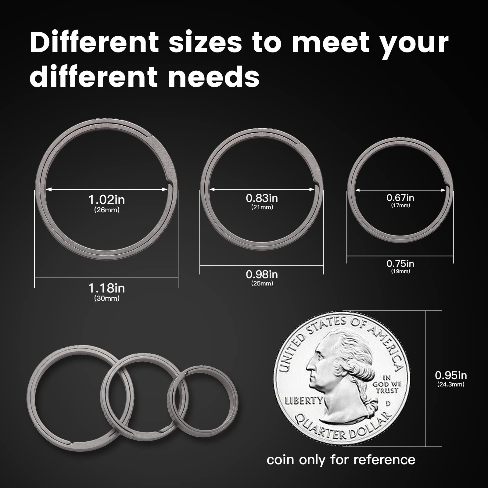 TIKIDESIGN Titanium Key Rings for Keychains, Quick Release Side Pushing Key Chain Rings Kit, Titanium Key Rings for Men Home Car Keys (Black-1L+2M+3S)