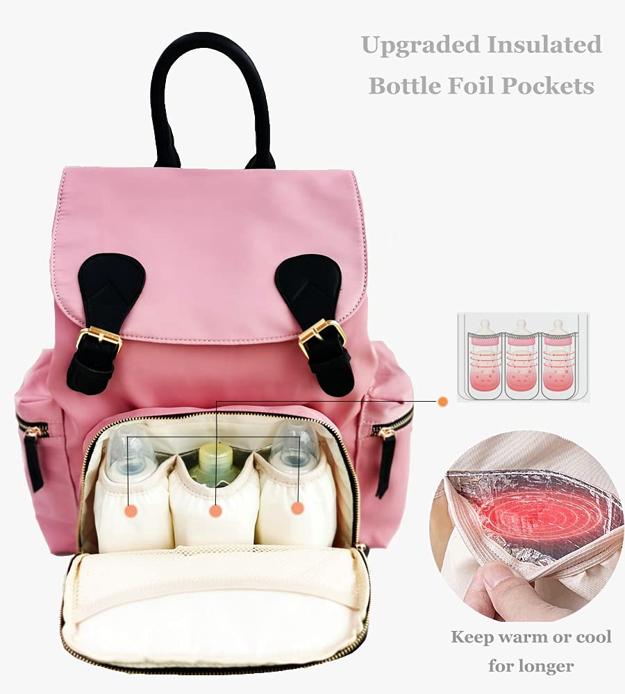 WALLOPTON Quality Diaper Bag Backpack - Multi-Function Travel Backpack with Stroller Strap - Large Capacity, Stylish & Lightweight - Baby Nappy Bag for Baby Girl & Boy (Pink)