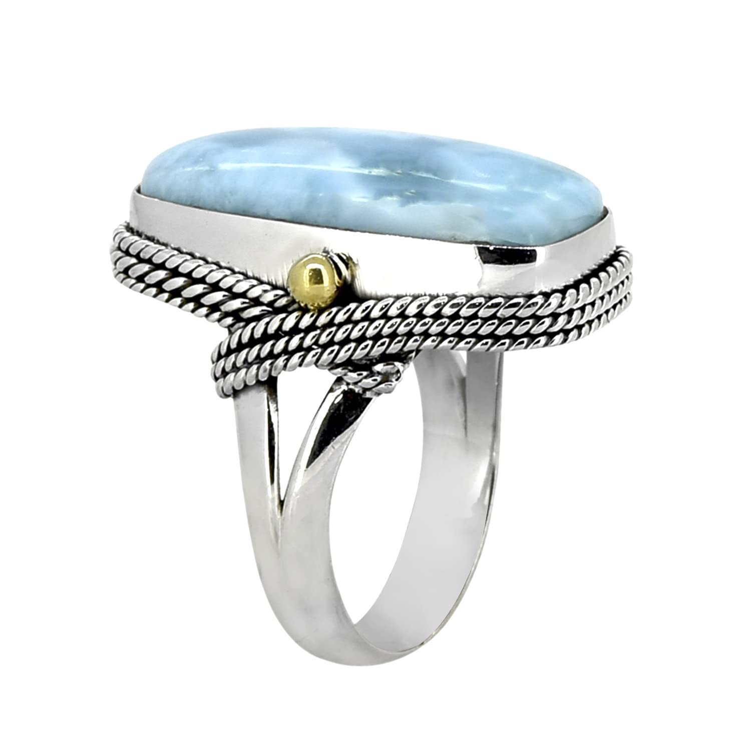 YoTreasure 11x22 MM Larimar Chunky Ring .925 Sterling Silver with Brass Accents