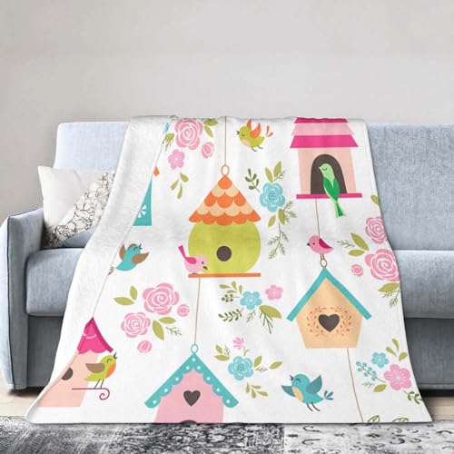 Throw Blanket 60x80 Inch,Floral Birds Houses Home Flannel Soft Cozy Fluffy Throw Blankets and Warm Throws for Adults in Couch Sofa Bed 60x50 Inch