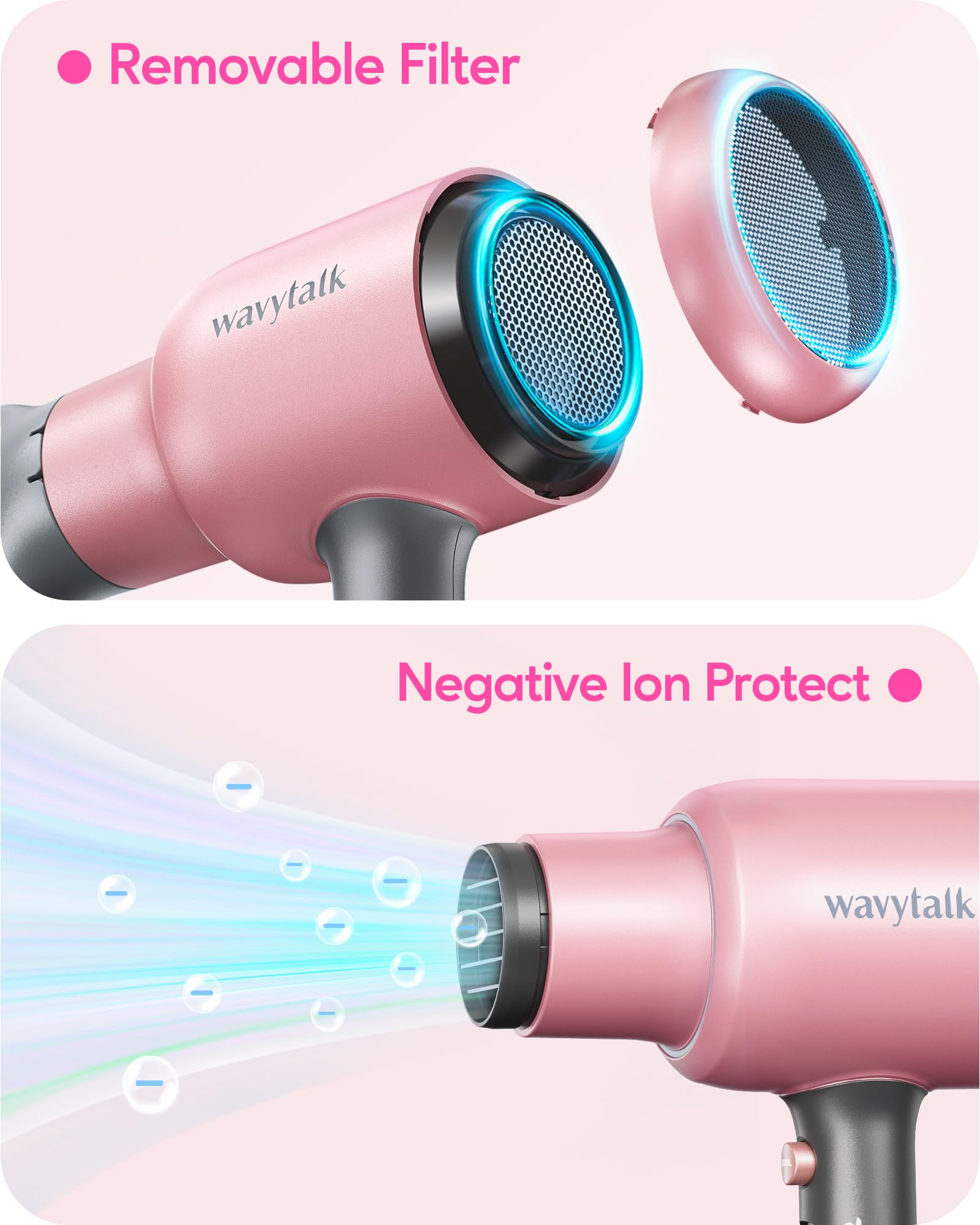 Wavytalk Professional Hair Dryer with Diffuser 1875W Power Dryer, Blow Dryer Ionic Hair Dryer for Women with Constant Temperature, Fast Drying &Low Noise, Millennial Pink