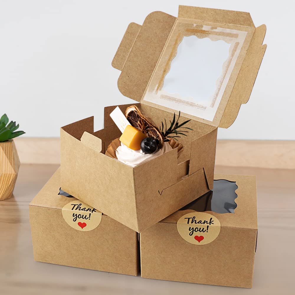 Tecmisse 50 Pack 4 x 4 x 2.5 Inches Small Bakery Boxes with Window for Small Cake Pie, Cookie Box, Mini Cake Boxes, Pastry, Dessert, Small Treat Boxes (kraft)