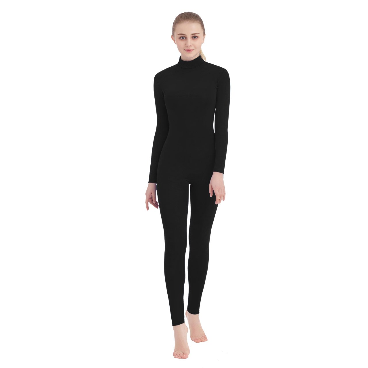 SUPRNOWA Full Body Unitard Turtleneck Spandex Footless Long Sleeve Bodysuit Unisex (Large, Black)