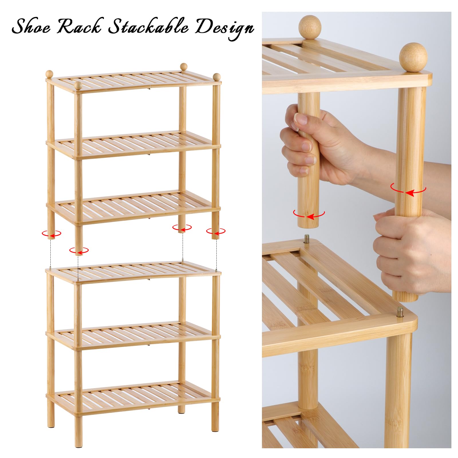 Tohomes 3-Tier Shoe Rack,Shoes Organizer,for Front Door Entrance, Free Standing Shelf Entryway and Closet Hallway, Small Space Stackable Bamboo Multifunctional Racks