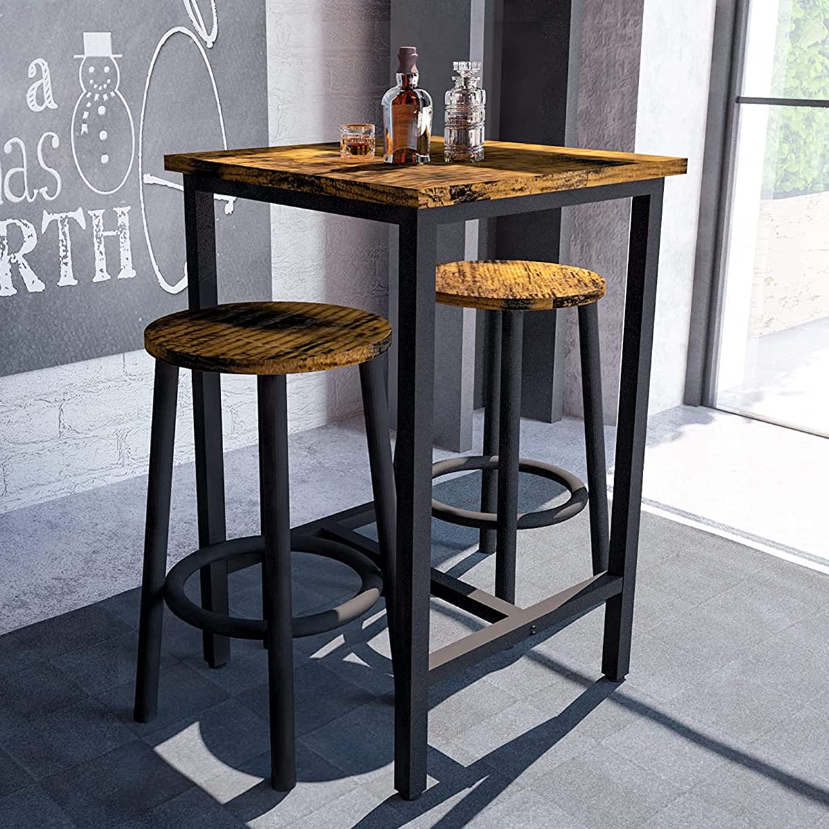 Recaceik 3 Piece Pub Dining Set, Modern bar Table and Stools for 2 Kitchen Counter Height Wood Top Bistro Easy Assemble for Breakfast Nook Living Room Small Space Restaurant, Rustic Brown 24β