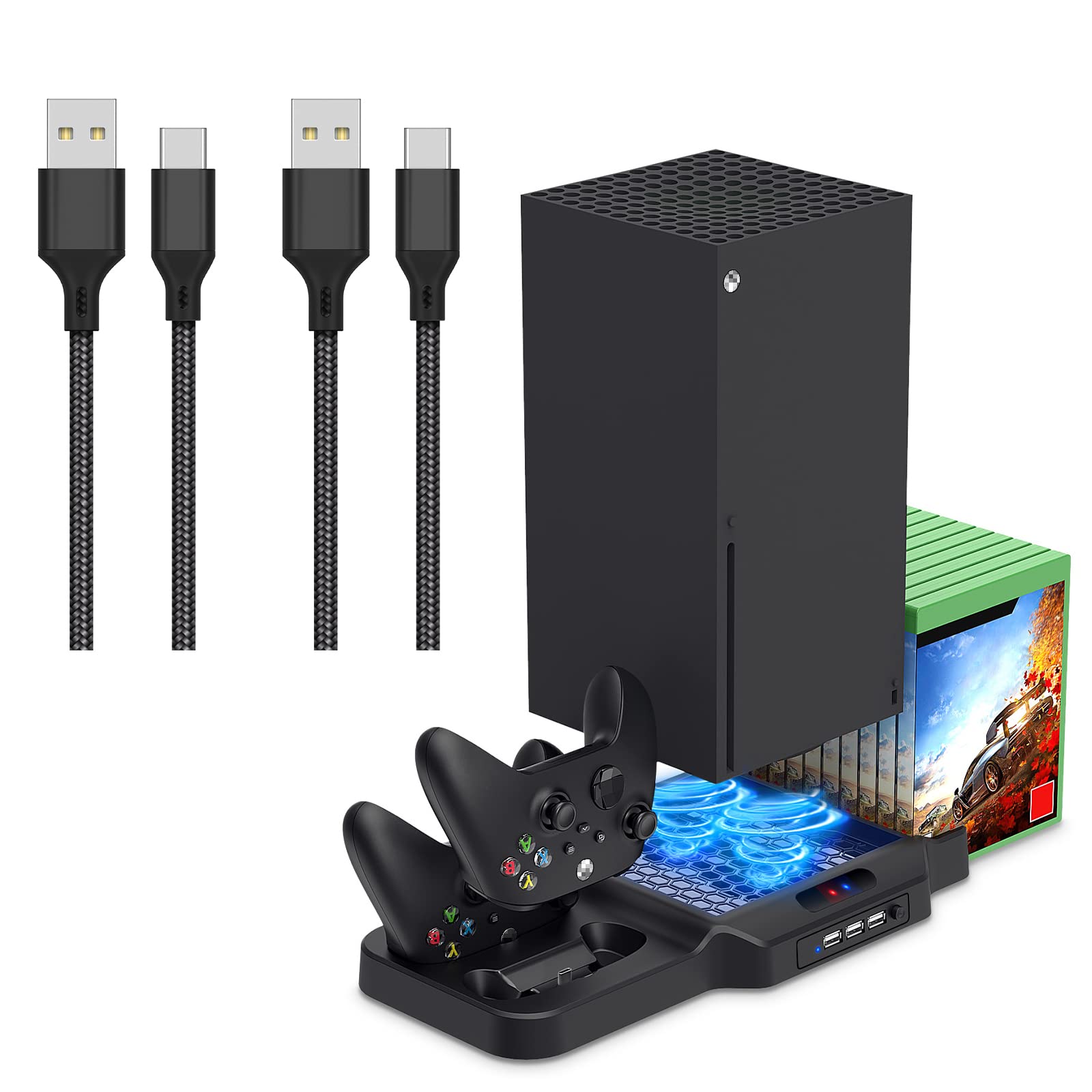 Vertical Cooling Fan Stand with 2 Pack 10ft Charger Cable Compatible with Xbox Series X/S, YUANHOT Charging Station Dock with Dual Controller Charger Ports, Game Storage and Cooler System