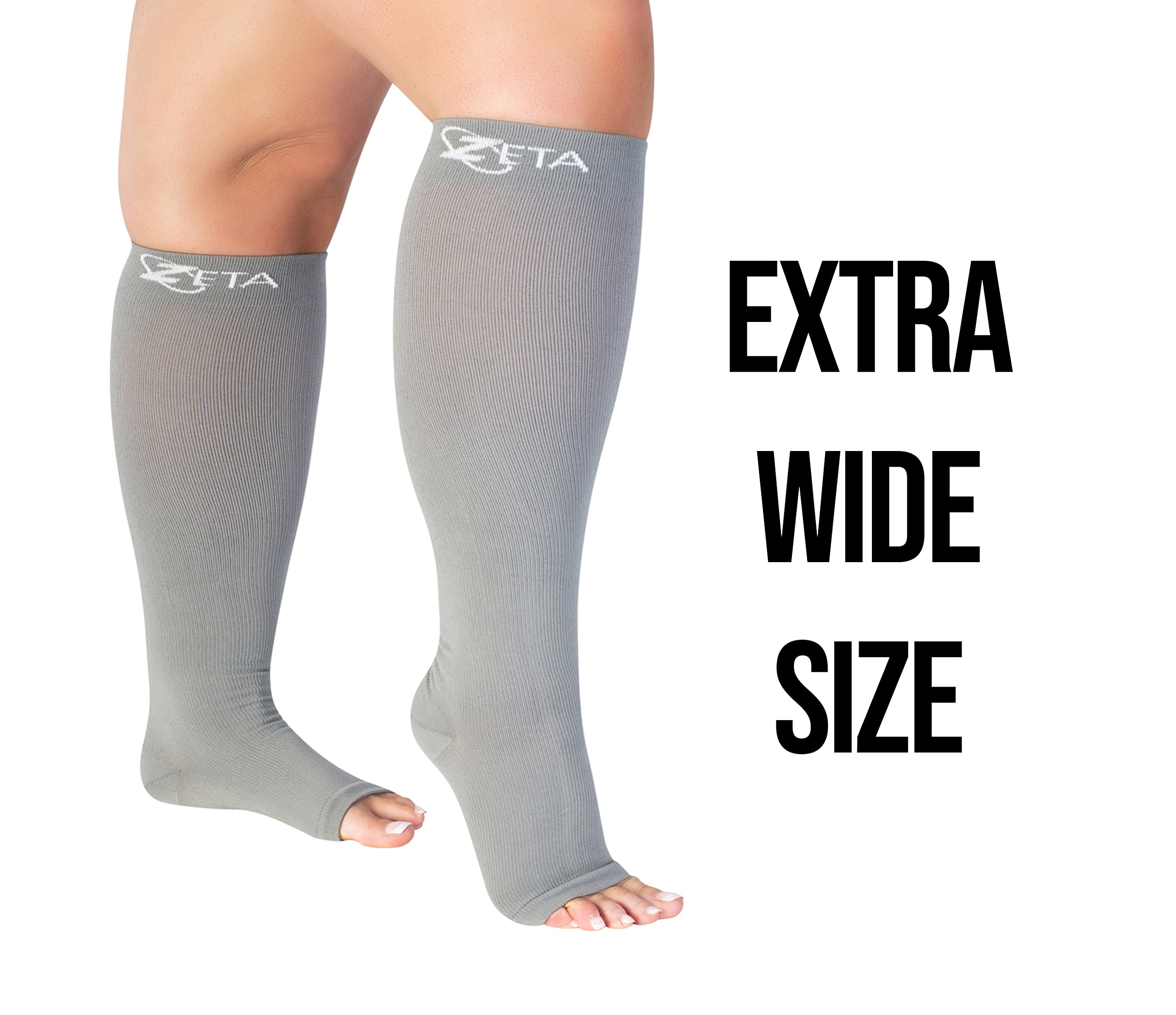 Zeta Wear Plus Size Open Toe Leg Sleeve Support Socks - Wide Calf Compression Open Toe Socks Men and Women Amazing Fit, Travel, Flight Socks, Compression & Soothing Relief, 1 Pair, Size 3XL, Gray