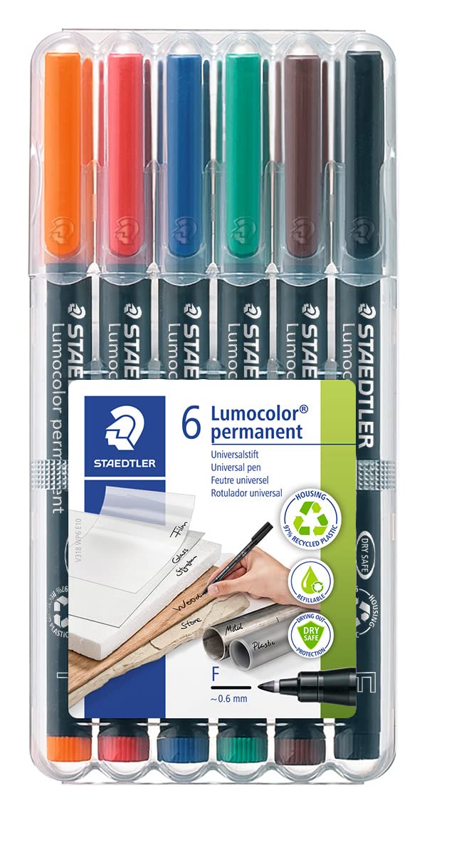 Staedtler Lumocolor Universal Pen, Fine, Felt Tip, Permanent Marker, Box of 6 Assorted Color Pens, 0.6mm 318 WP6