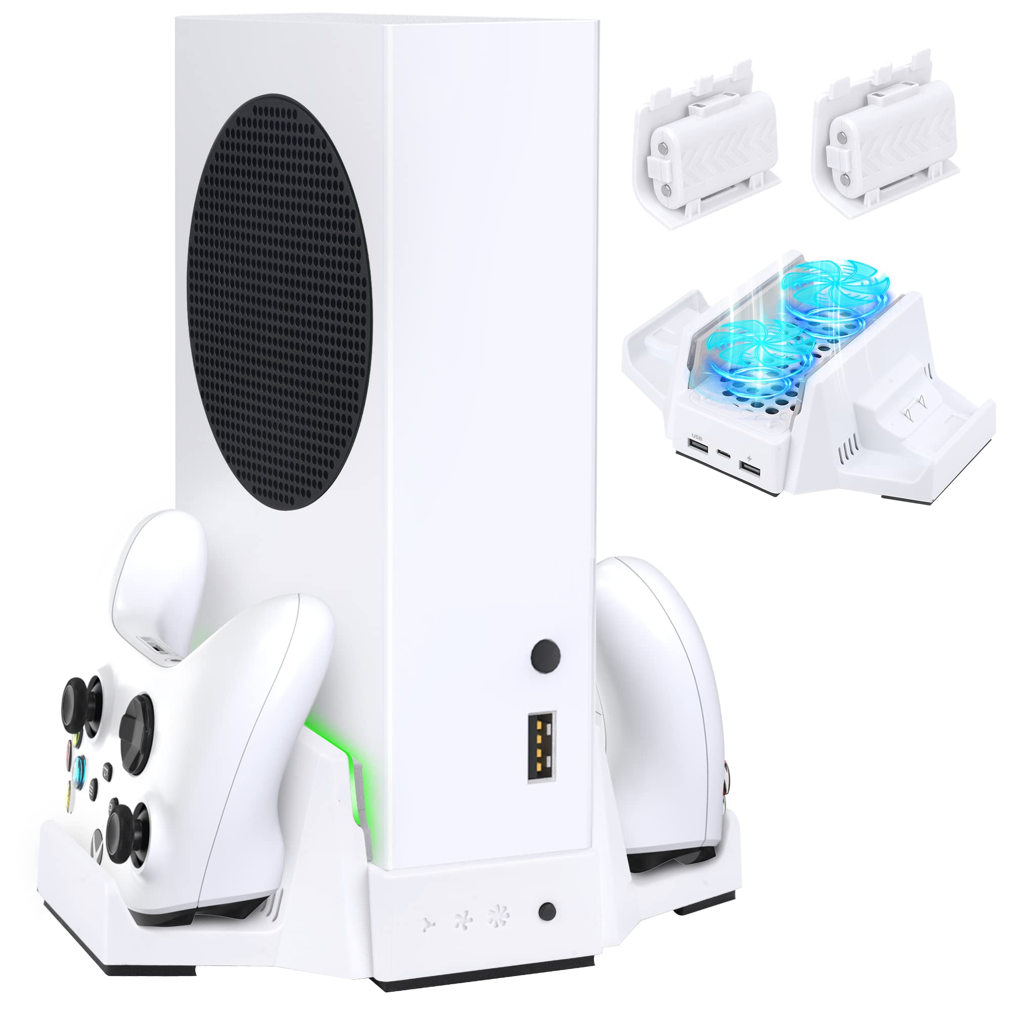 Vertical Cooling Stand for Xbox Series S Console, RTTACRTT Dual Cooling Fan System with Dual Controller Charger Station, Cooling Station with LED Indicator USB Port, 3 Level Adjustable Speed