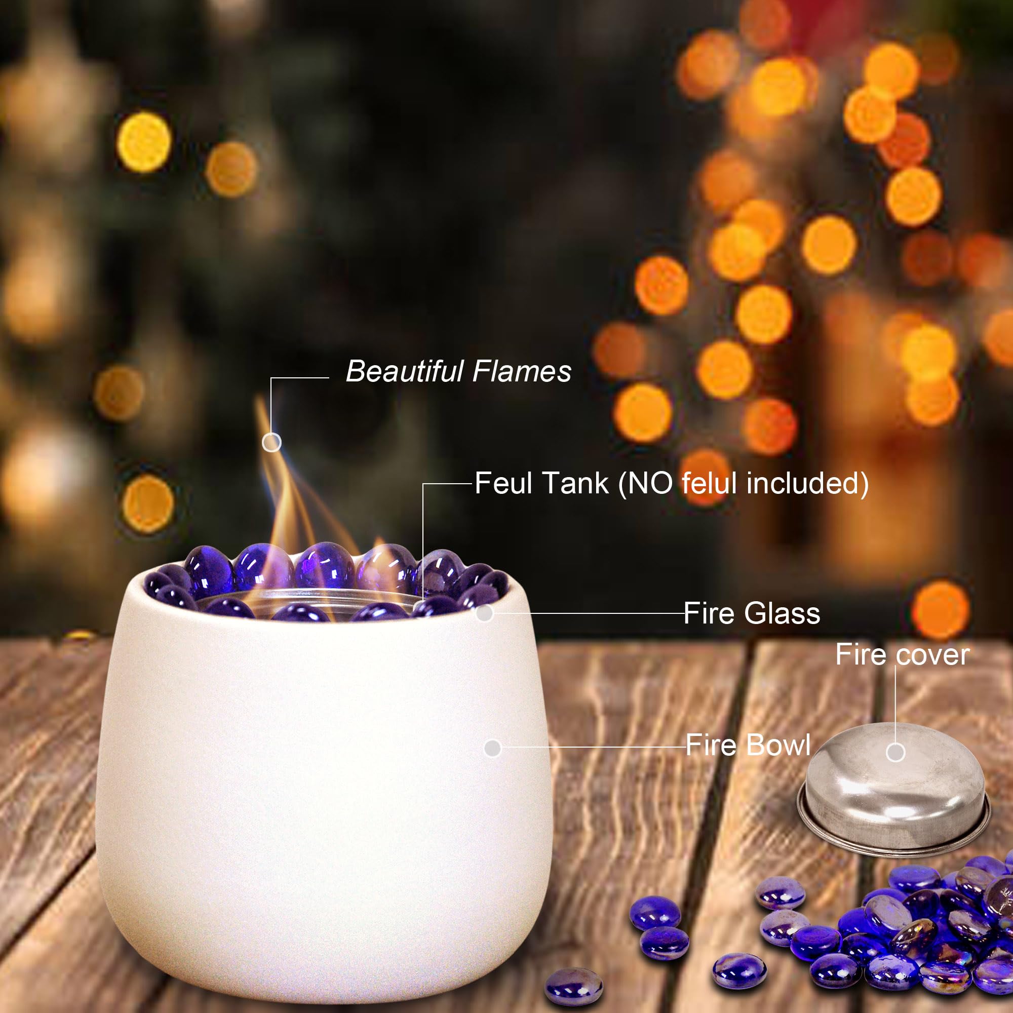 Tabletop Fire Bowl - Fire Pit, Small Alcohol Fireplace for Indoor and Outdoor Use Patio Decor White