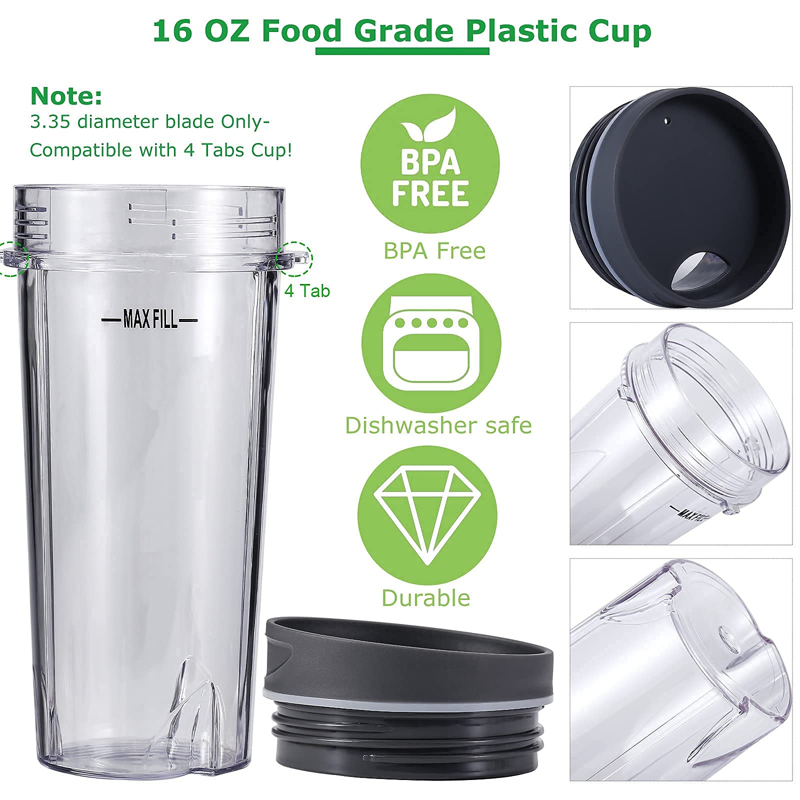 TOOLACC Blender Replacement Parts Compatible with Nutri Ninja, 6 Fins Blender Blade Assembly with 2 PCS 16OZ Cup Set for BL660 BL770 BL780 Professional Blender(Suitable Diameter : 3.35IN Blender Base)