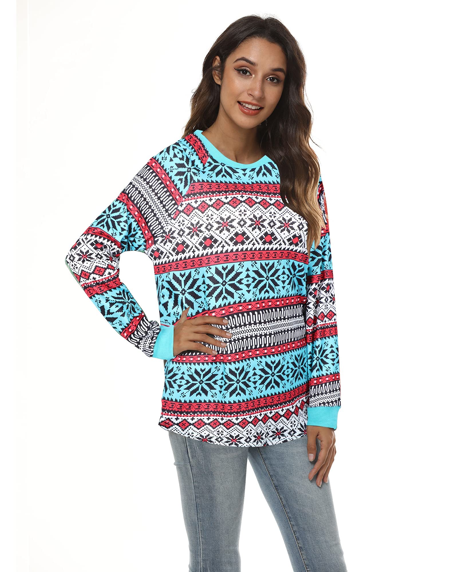 UNIQUEONE Christmas Sweatshirts For Women Xmas Snowflake Shirts Raglan Sleeve Blouse Loose Knitted Pullover Tops Blue