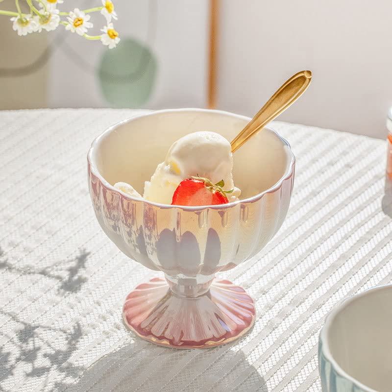 YOKIOU Ceramics Ice Cream Cups with Spoons Reusable Dessert Cups Bowls for Trifle Parfait Sundae and Nuts (Pink)
