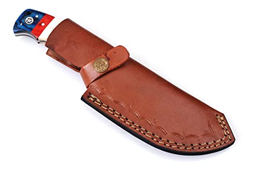 zZZ Damascus Gut Hook Skinning hunting Knife With Leather Sheath- Best Damascus Steel American Flag Hunting Knife