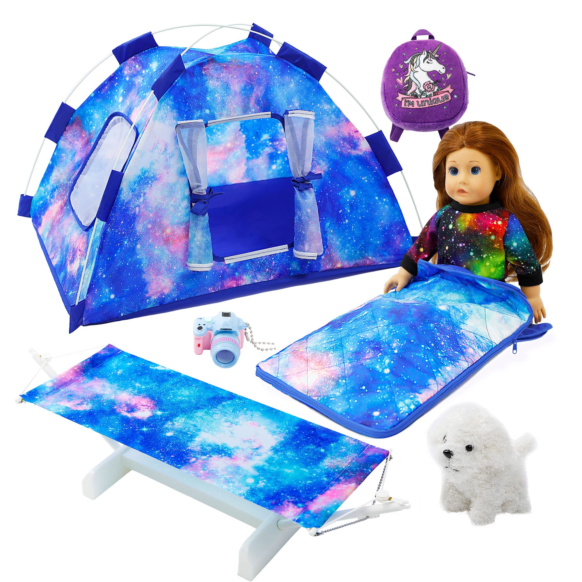 Srua Don 18 Inch Dolls Accessories Camping Tent and Hammock Set - Including Doll Camping Tent, Sleeping Bag, Hammock Bed, Toy Camera, Doll Backpack, Toy Dog, 6 Items Fits 18" Dolls