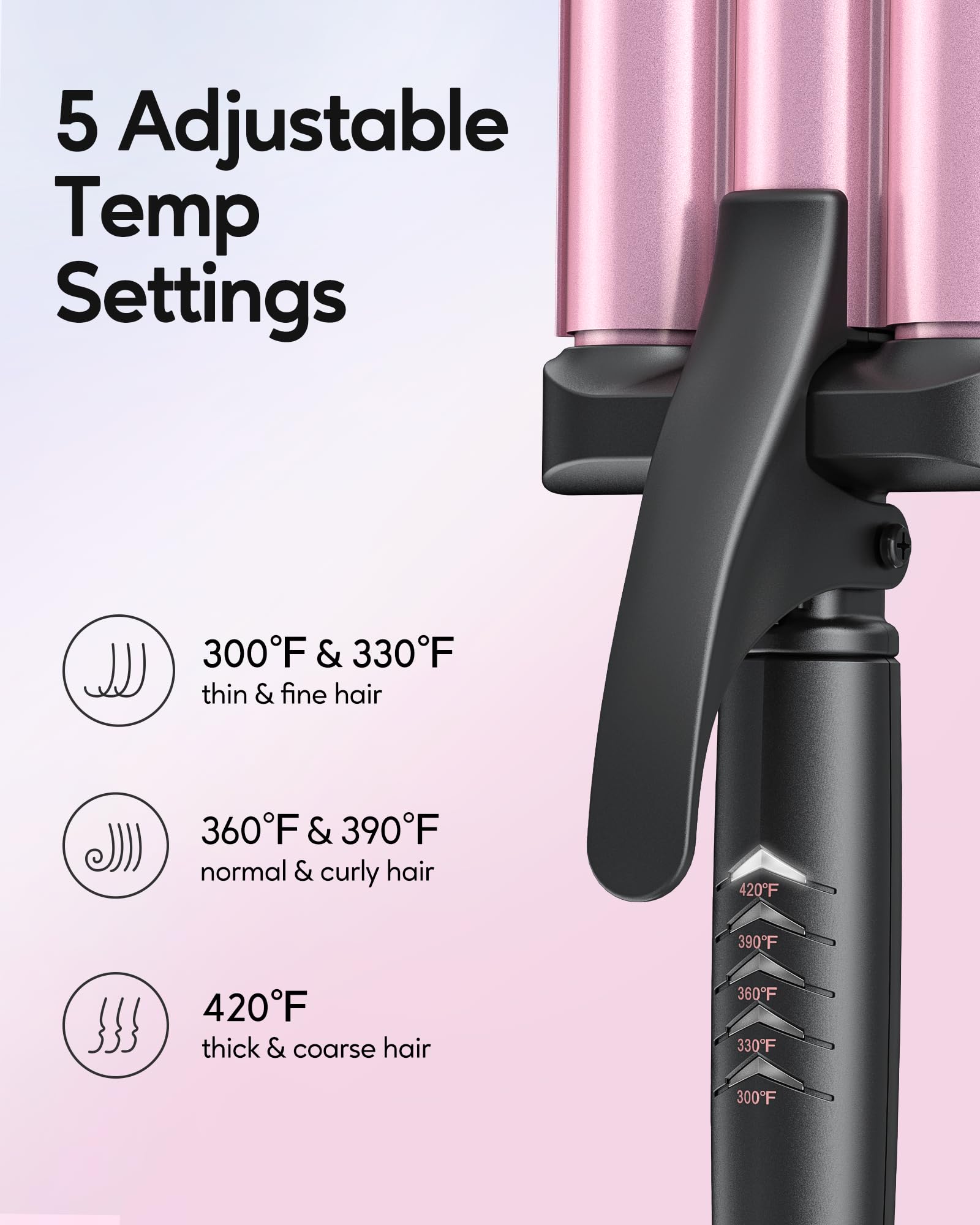 Wavytalk 3 Barrel Curling Iron Wand, Beach Hair Waver with Adjustable Temp, Ceramic Hair Crimper with Glove, Dual Voltage, Rose Pink
