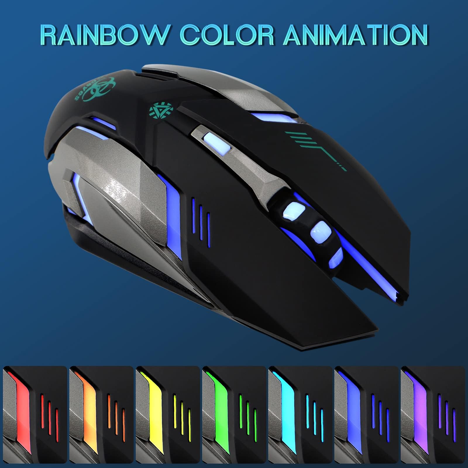 VEGCOO Wireless Gaming Mouse, Silent Click Wireless Mouse, Rechargeable Computer Mice with Colorful RGB LED Lights and 2400/1600/1000 Adjustable DPI for Laptop and Desktop (C8 Black)
