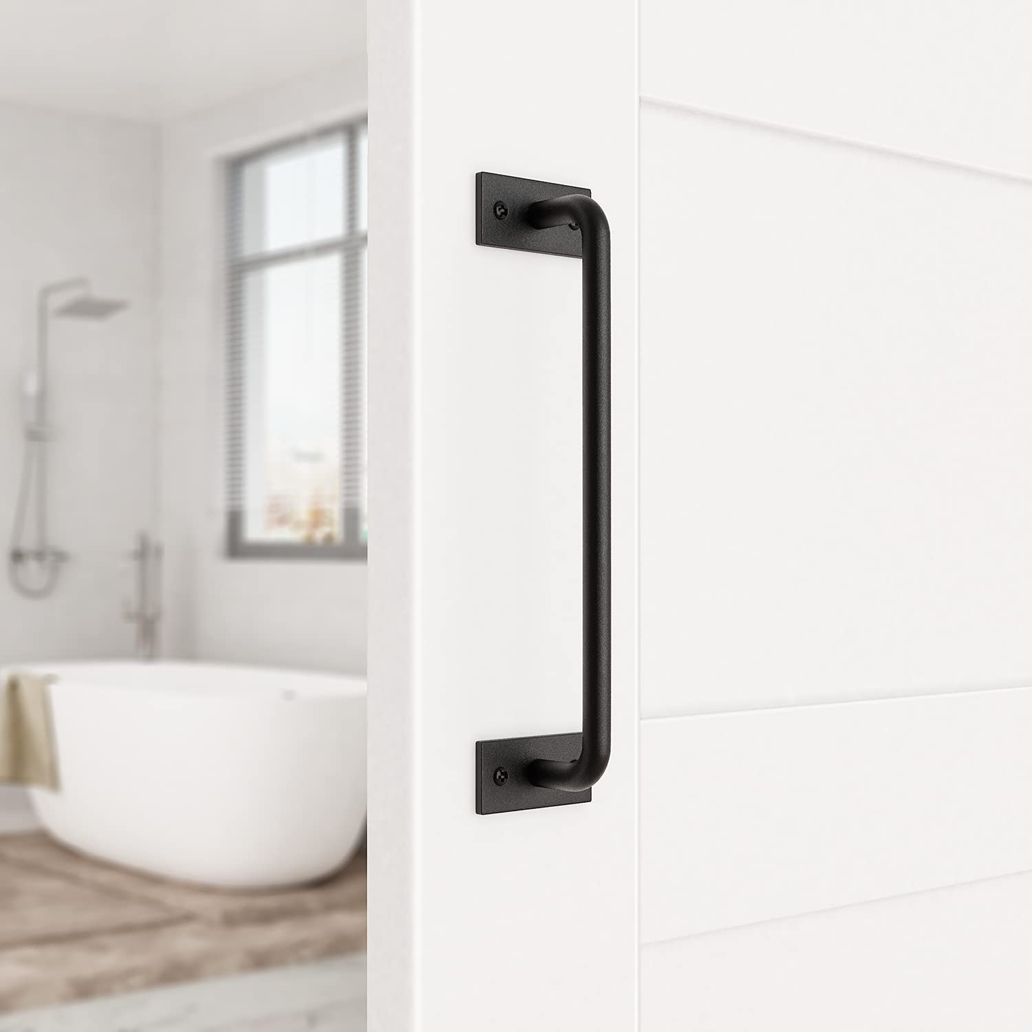 WINSOON 12'' Sliding Door Handle Hardware Barn Rustic Bar Pulls, Industrial Simple Iron Gate Handle Pull Set for Garage Cabinet, Flush Face Mounting with Screws, Black