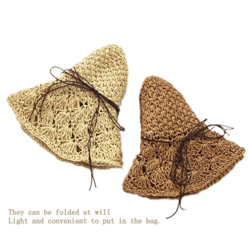 Sun Straw Hats for Women Foldable Floppy Beach Summer Hats Oversized Weave Wide Brim Bowknot Lace for Ladies Brown
