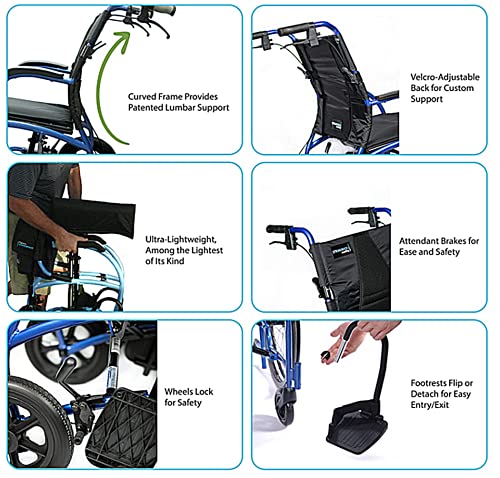 Strongback Mobility Excursion 12S+AB Lightweight Folding Wheelchair for Adults and Seniors - Transport Chair with Built-in Adjustable Lumbar Support; 18" Seat (12" Rear Wheels)