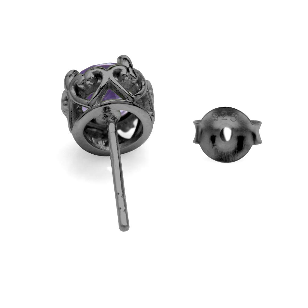 Silvershake 6mm Round Natural Amethyst Black Rhodium Plated 925 Sterling Silver Victorian Style Stud Earrings