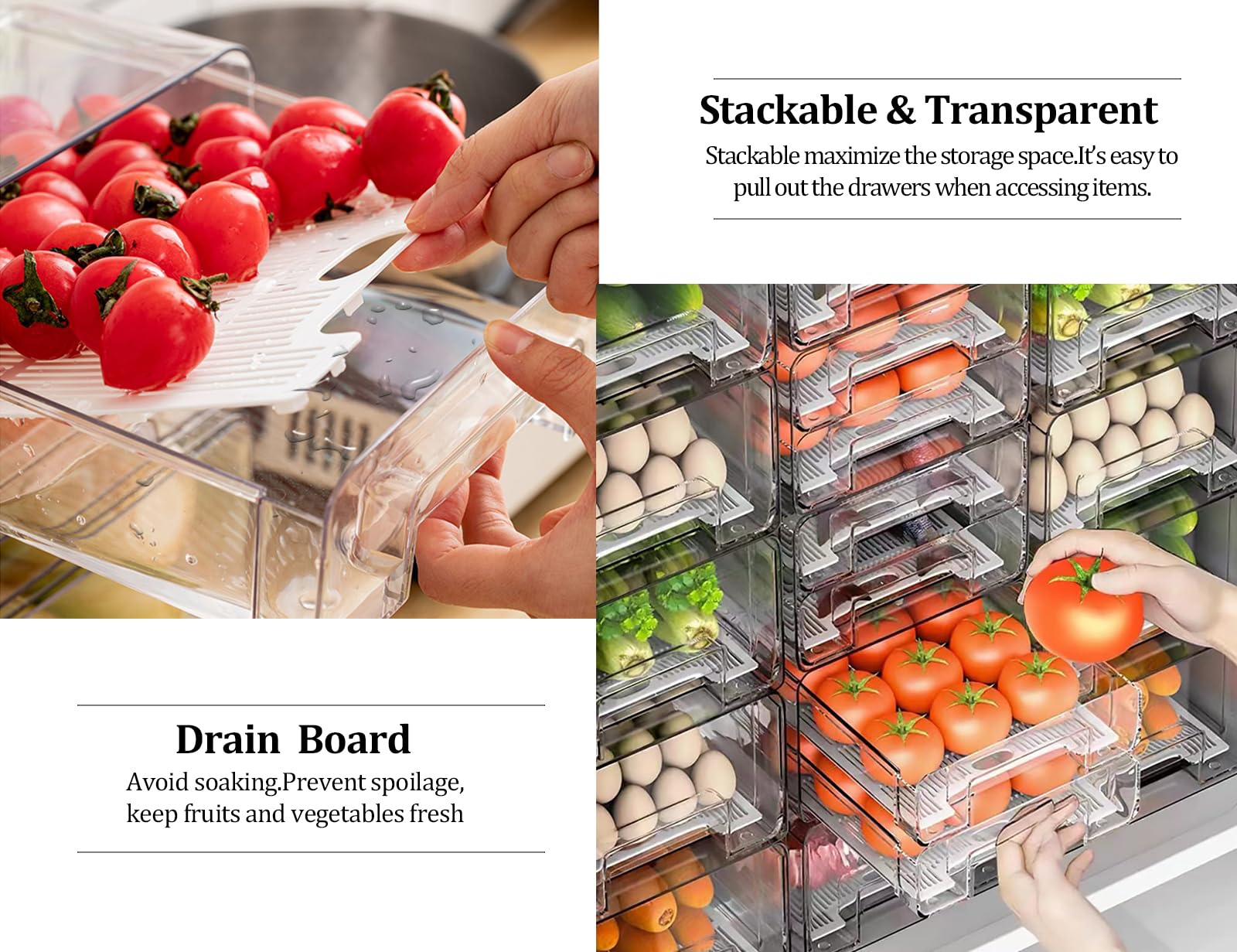 YouLike 2pack Stackable Fridge Drawers Pull Out Bins for Refrigerator Organizer Clear Food Storage Container Set With Drain for Pantry Kitchen Cabinet Office Organization