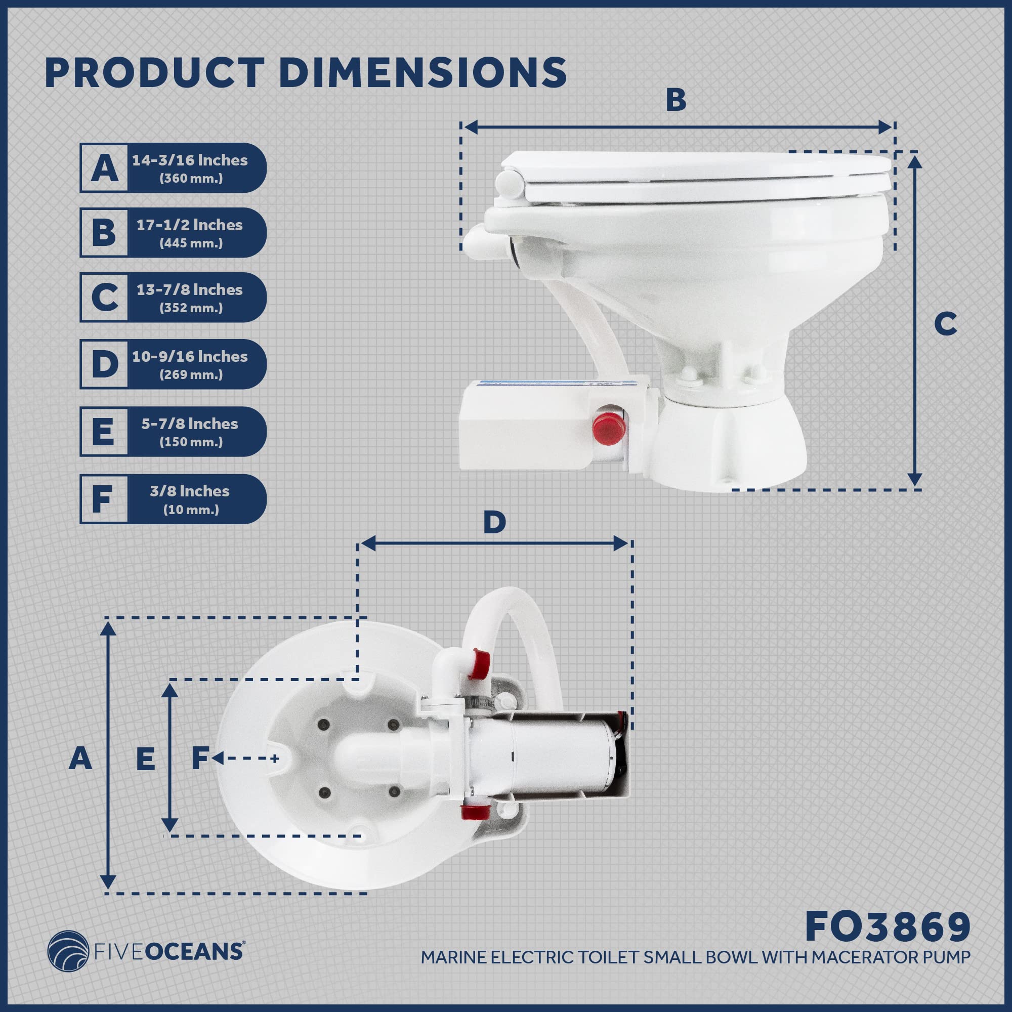 TMC Electric Marine Toilet, RV Toilet, Boat Toilet, Compact Design Bowl, Heavy-Duty Built-In Macerator Pump with Smart Flush Control Panel Switch, Features Quiet Soft-Close Lid, 12V DC - FO3869