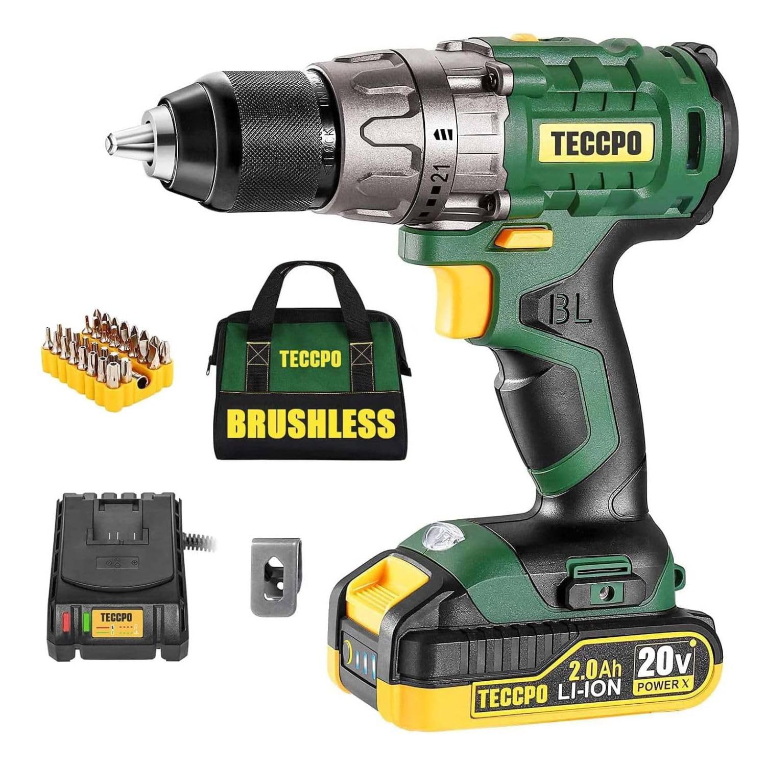 TECCPO Cordless Drill Set, 20V Brushless Drill Driver Kit, One 2.0Ah Rechargeable Battery, 530 In-lbs Torque, 1/2” Keyless Chuck, 2-Variable Speed, Fast Charger, 33pcs Bits Accessories with Case