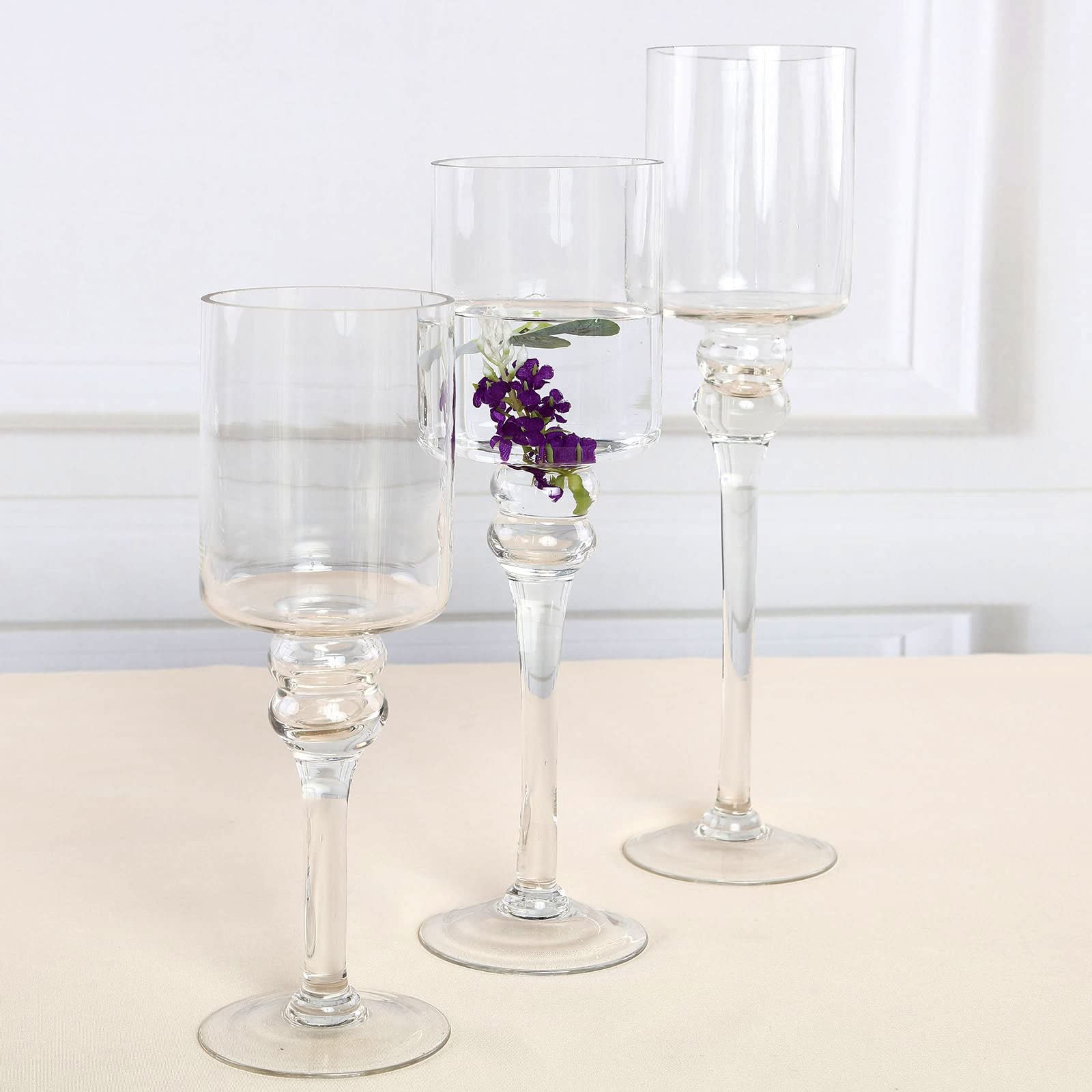 Tableclothsfactory Set of 3 Clear Long Stem Glass Cylinder Flower Vase Tabletop Candle Holders