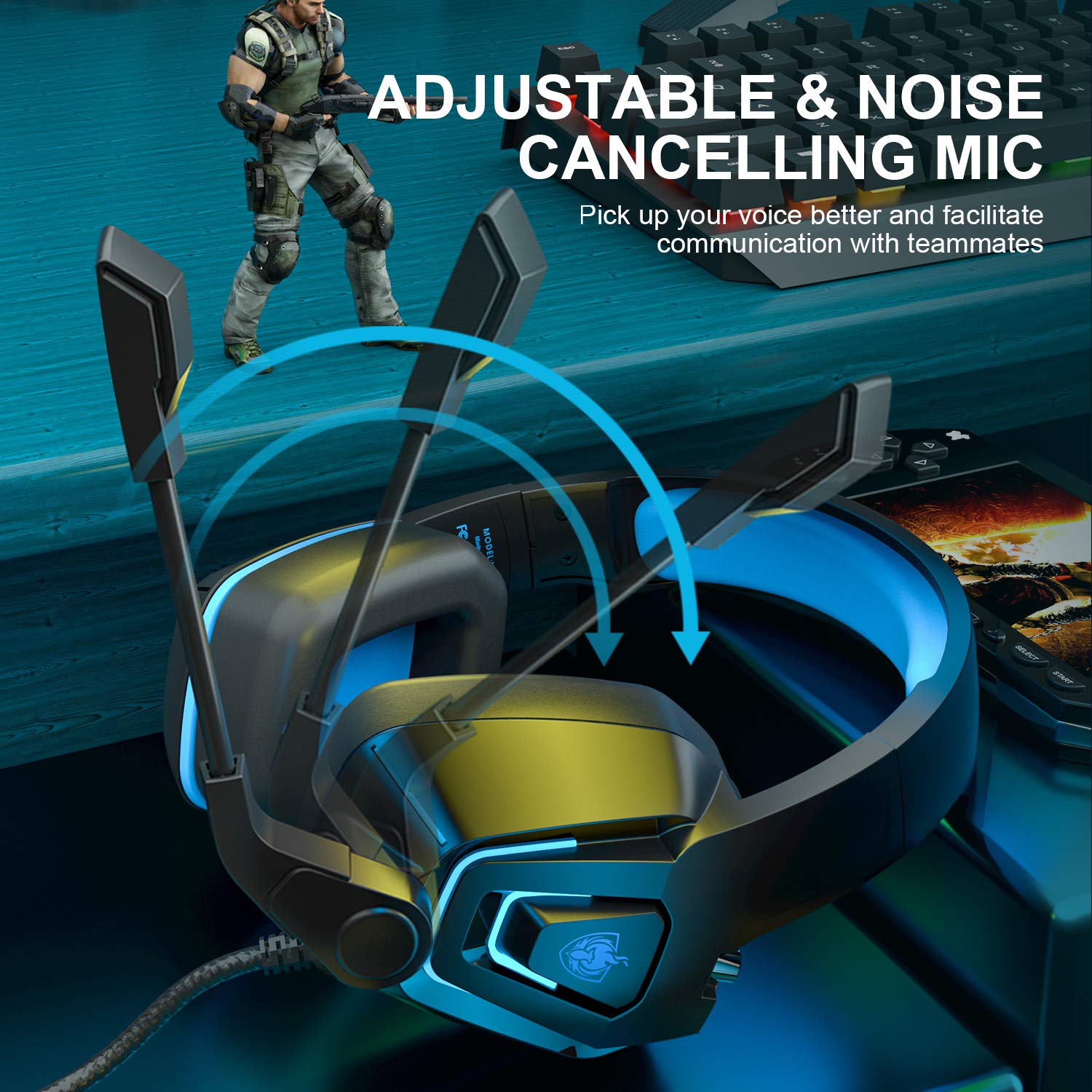 YOTMS Stereo Gaming Headset for PC PS4 PC PS5 Controller, Noise Cancelling Over Ear Headphones with Mic, LED Light, Bass Surround, Soft Memory Earmuffs for Laptop Mac (Blue)