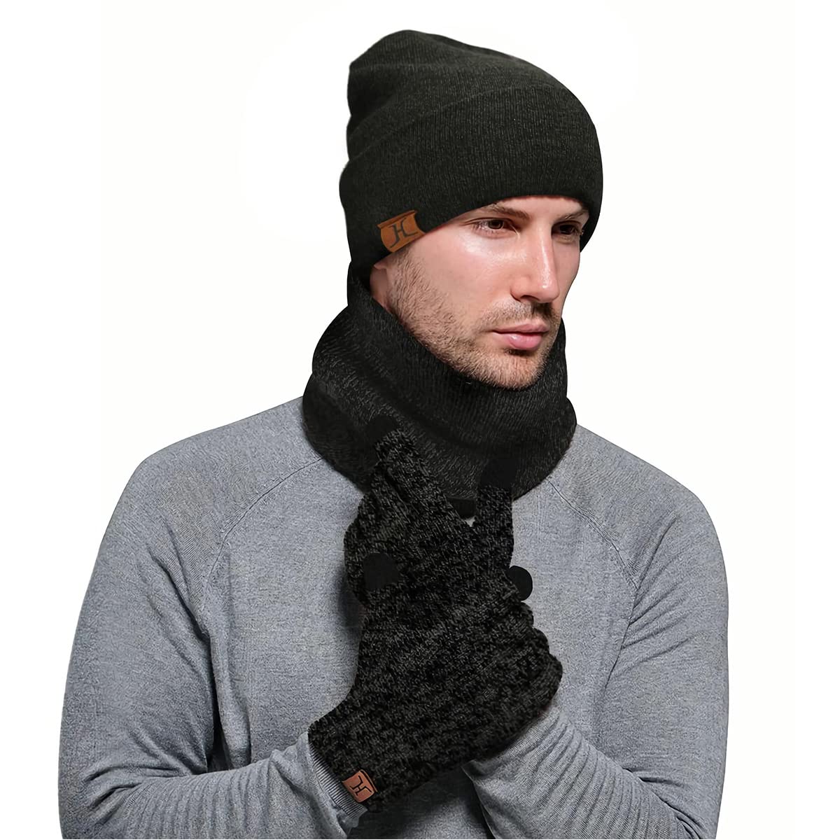 Winter Knit Beanie Hat Gloves and Scarf Set, Fleece Lined Skull Cap Warm Sccarf Touch Screen Gloves for Man Women (Dark Grey)
