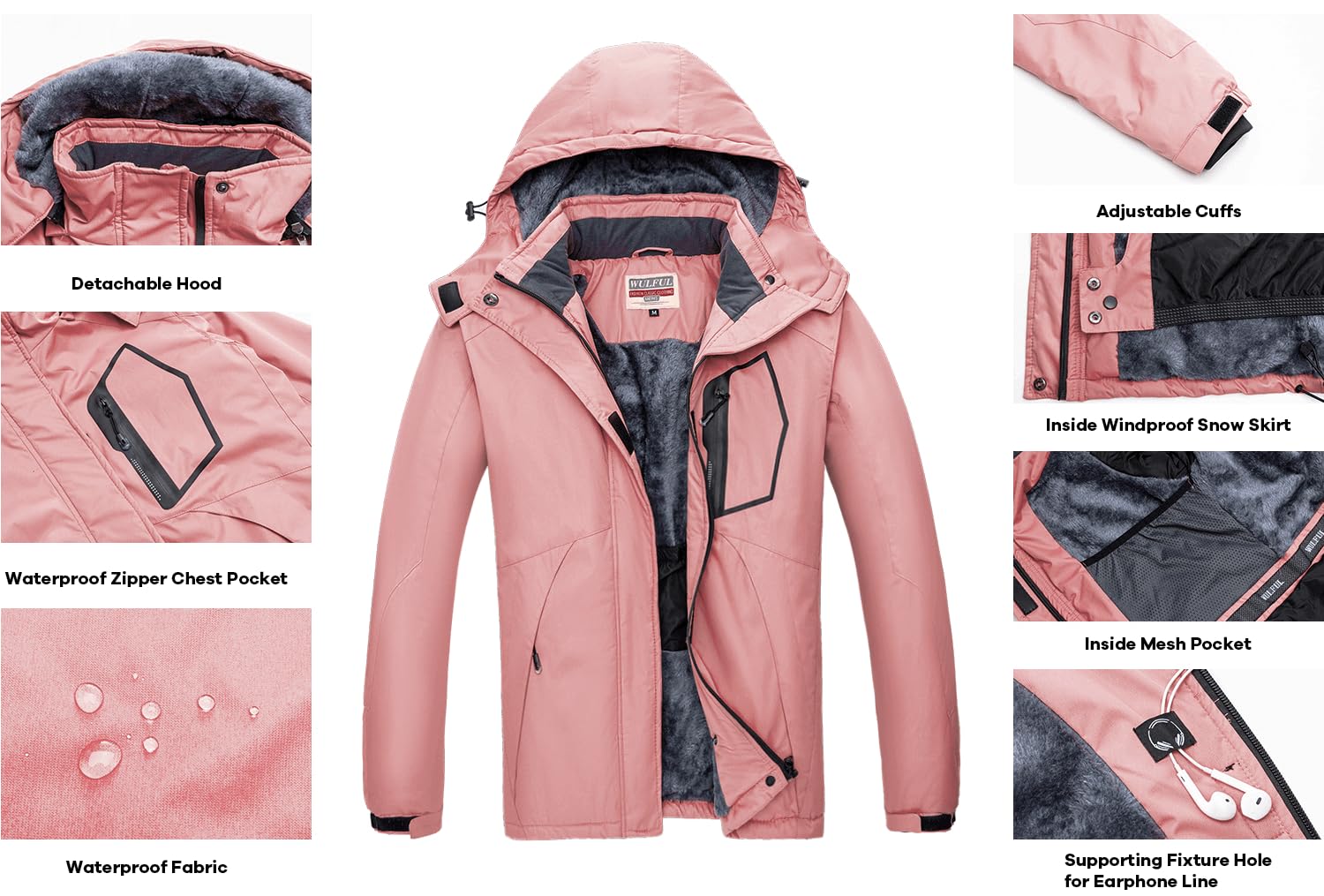 WULFUL Women’s Waterproof Snow Ski Jacket Mountain Windproof Winter Coat with detachable hood