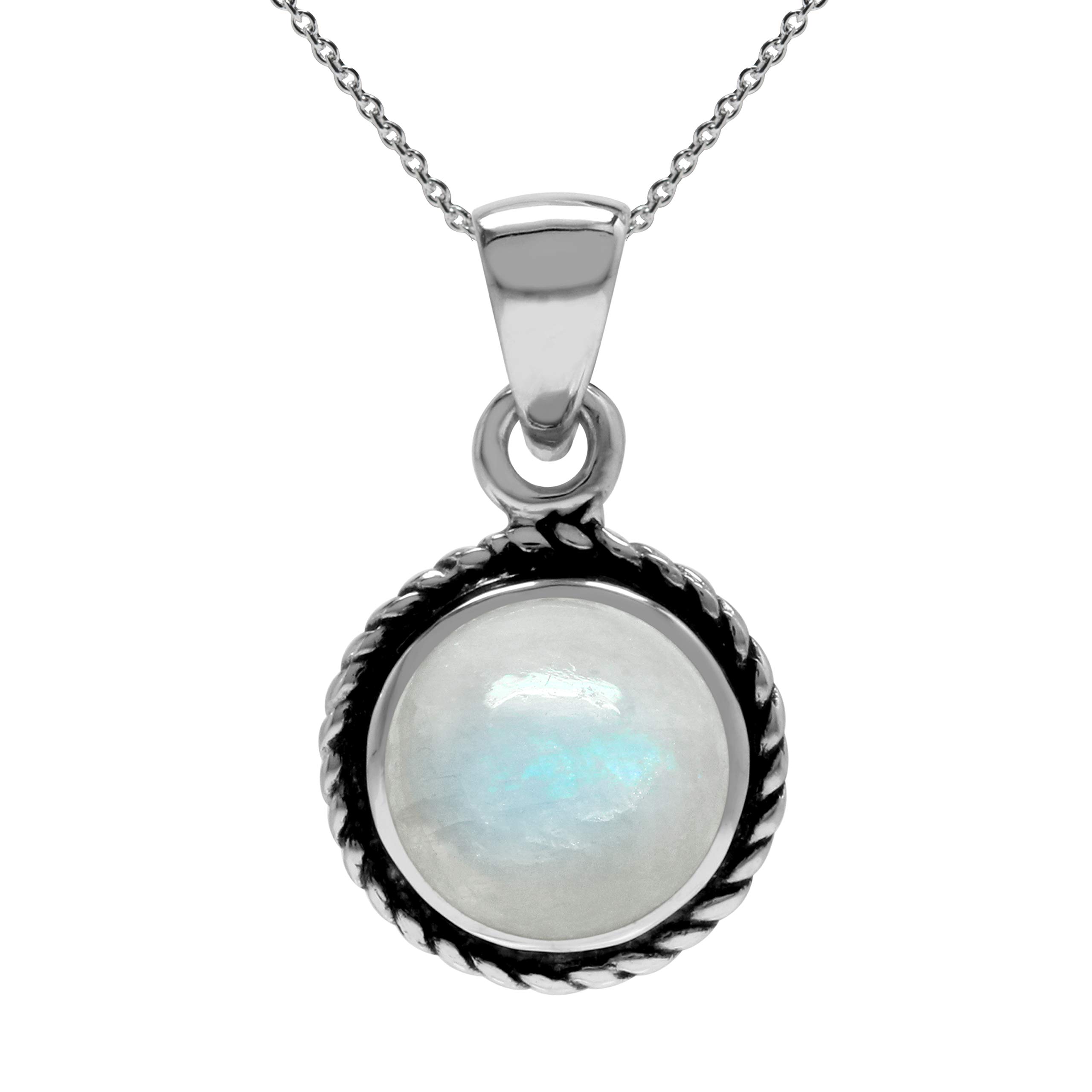 Silvershake Natural Moonstone 925 Sterling Silver Rope Solitaire Pendant with 18 Inch Chain Necklace
