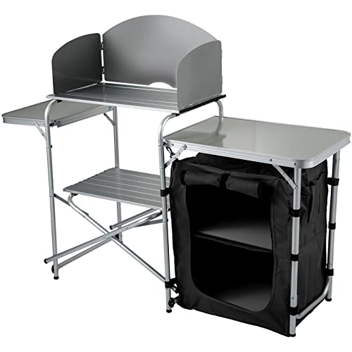 VEVOR Camping Kitchen Table, Aluminum Portable Folding Cook Station with Windscreen Cupboard, Storage Organizer Carrying Bag, Quick Installation, Outdoor Picnic Beach BBQ RV Traveling, Black