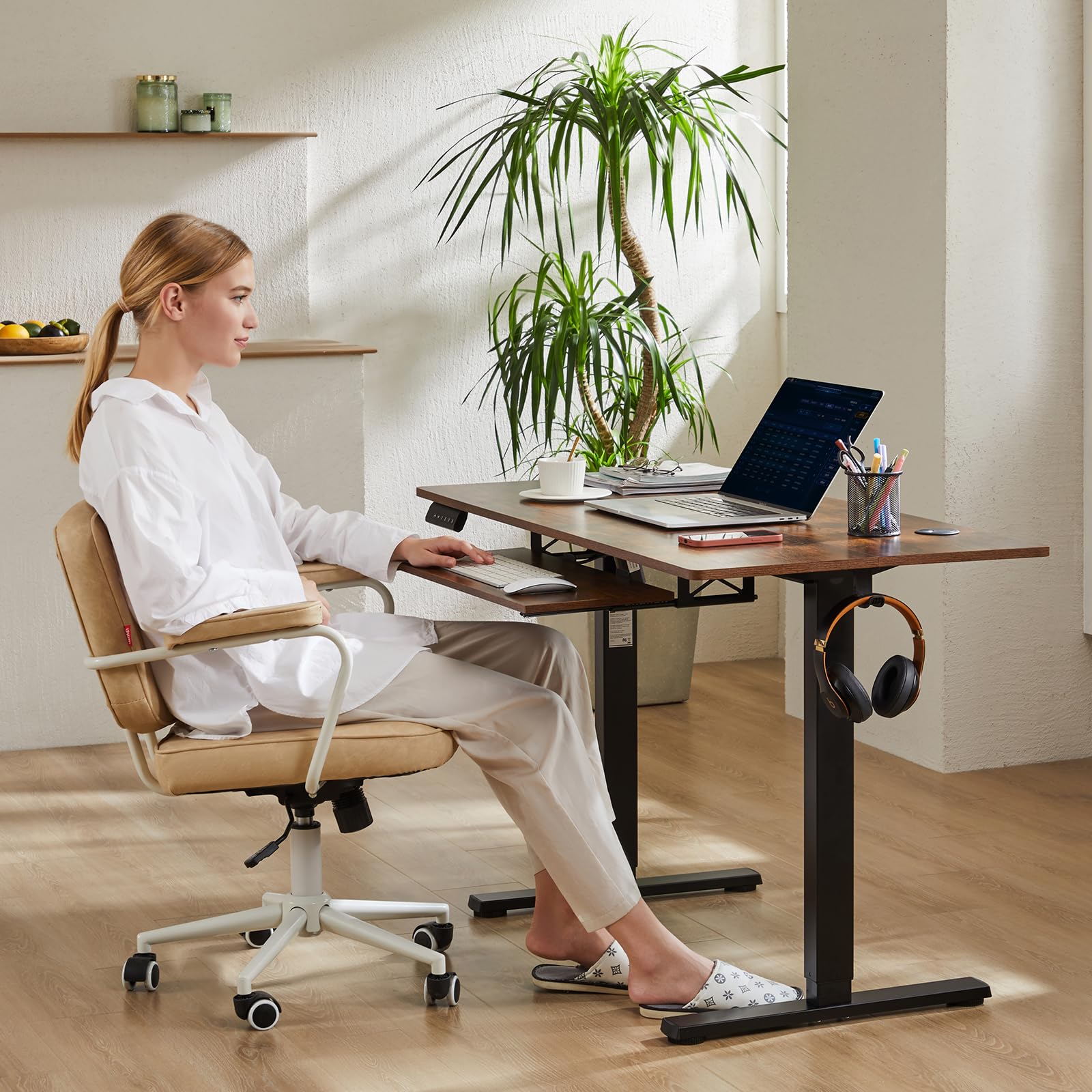 Sweetcrispy Standing Desk with Keyboard Tray, 48 x 24in Adjustable Height Electric Stand Up Desk Standing Computer Desk Home Office Desk Ergonomic Workstation with 3 Memory Controller, Rustic Brown
