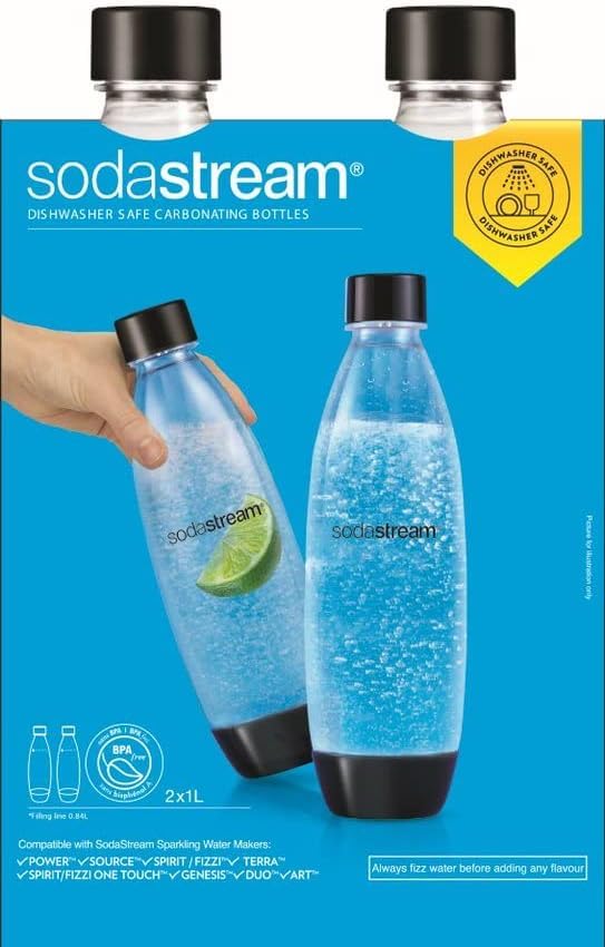 sodastream Bottle 2 Pack, BPA Free Fizzy Water Bottles for Spirit, Terra, Art & Source Sparkling Water Makers, Dishwasher Safe Reusable Water Bottle Flavours - 2x 1L Water Bottle, Black