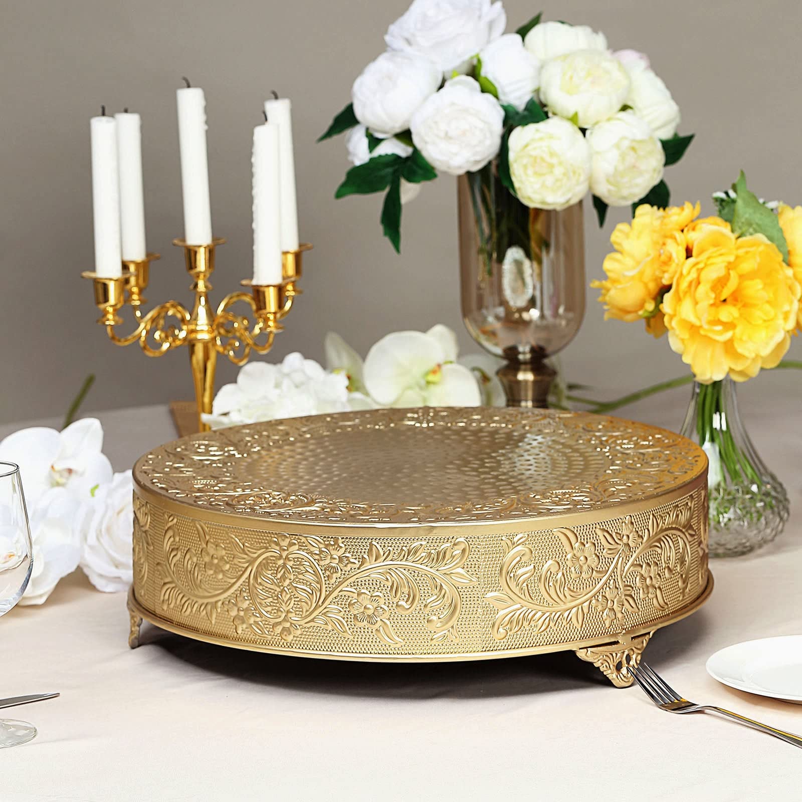 TABLECLOTHSFACTORY 22" Round GOLD Embossed Metal Cake Plateau Stand Riser Wedding Dessert Display Plate