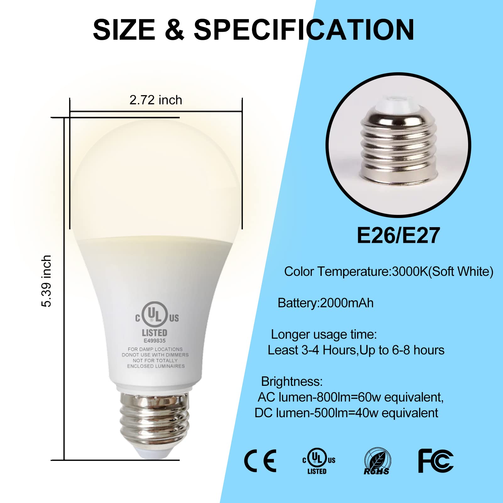 YKDtronics Rechargeable Light Bulbs, Multi-Function Battery Operated Light Bulb for Emergency Power Outage, Camping, 2000mAh Battery Backup 500LM 5W 40W Equivalent 3000K Soft White E26/E27 120V 2Pack